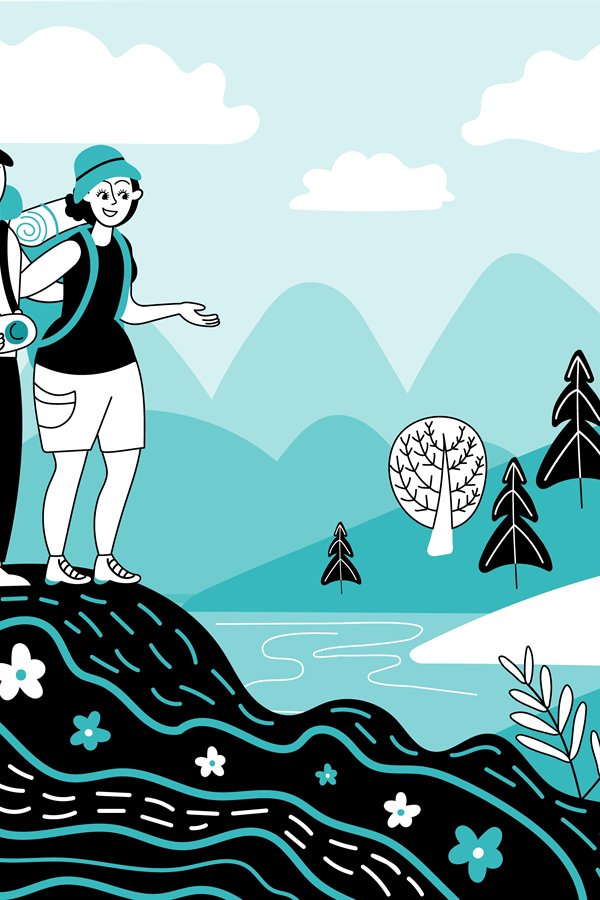 People looking nature. Men adventure, couple explore horizon