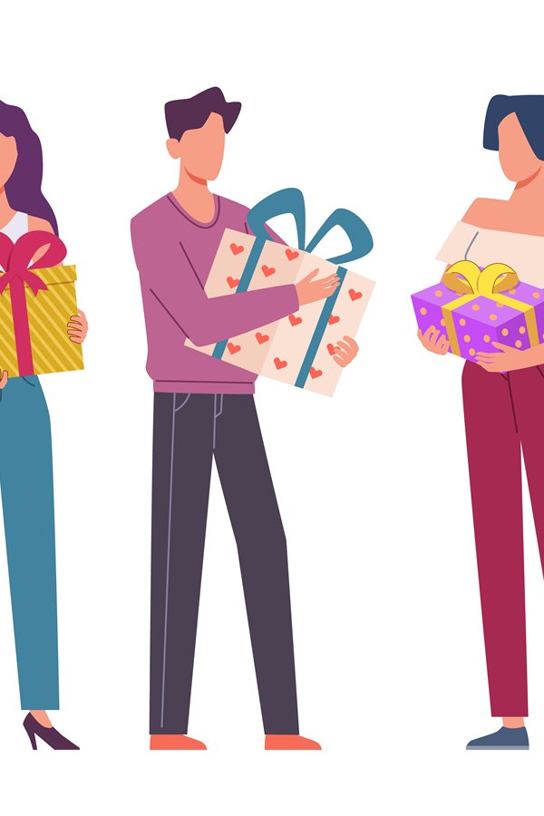 Celebrating people with gifts. Happy characters group holdin