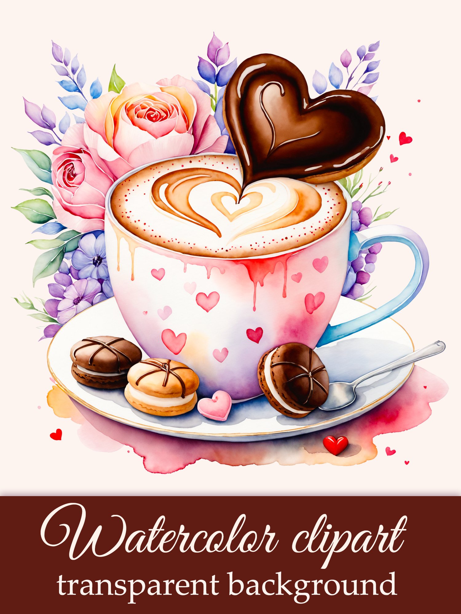 Watercolor coffee cup with hearts and chocolate, clipart Png