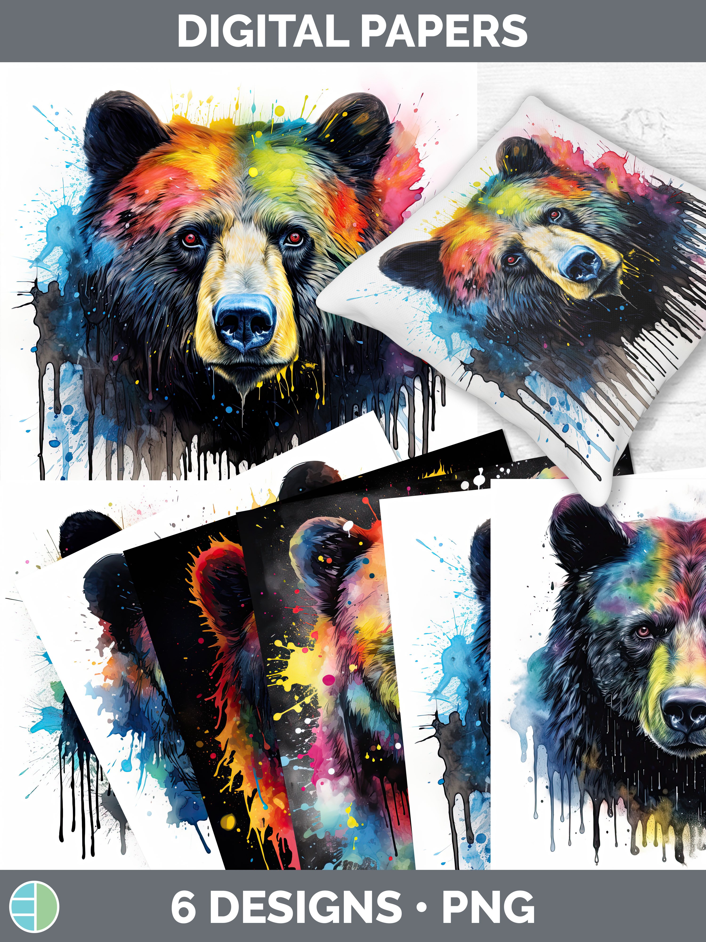 Splat Rainbow Black Bear Paper Backgrounds | Digital Scrapbo
