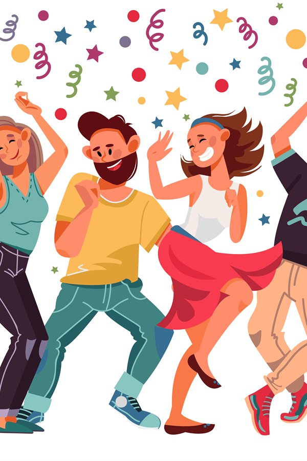 People on party. Cartoon female, excitement dance laughing c
