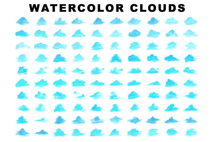 Collection of blue clouds in watercolor style. 100 vector