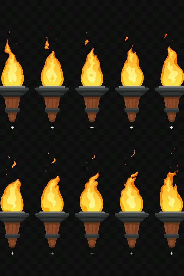 Torch fire animation. Burning cresset, flames on torches and