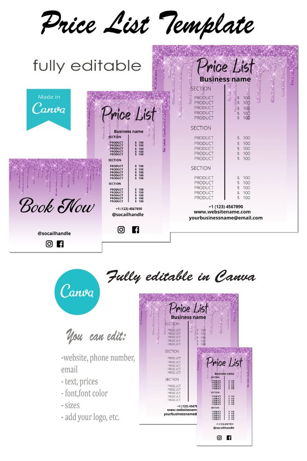 Price List Template editable in Canva Purple