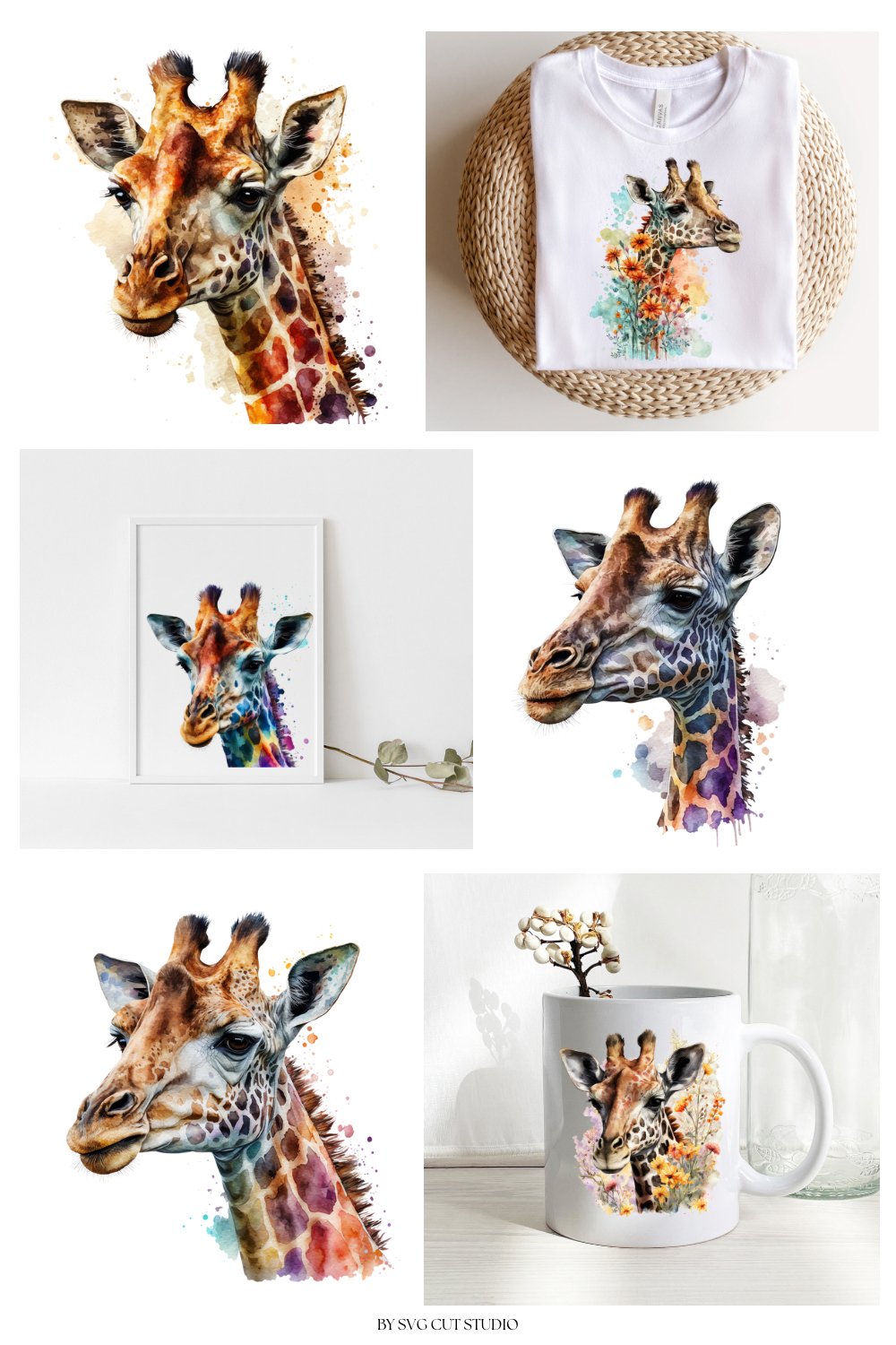 Colourful Watercolour giraffes sublimation png designs