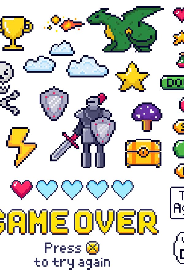 Pixel game elements set. Digital life bars and menu button a