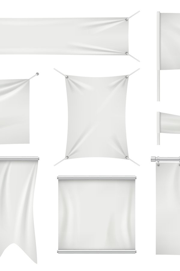 Textile banners. Empty fabric blank satin modern flag for pr