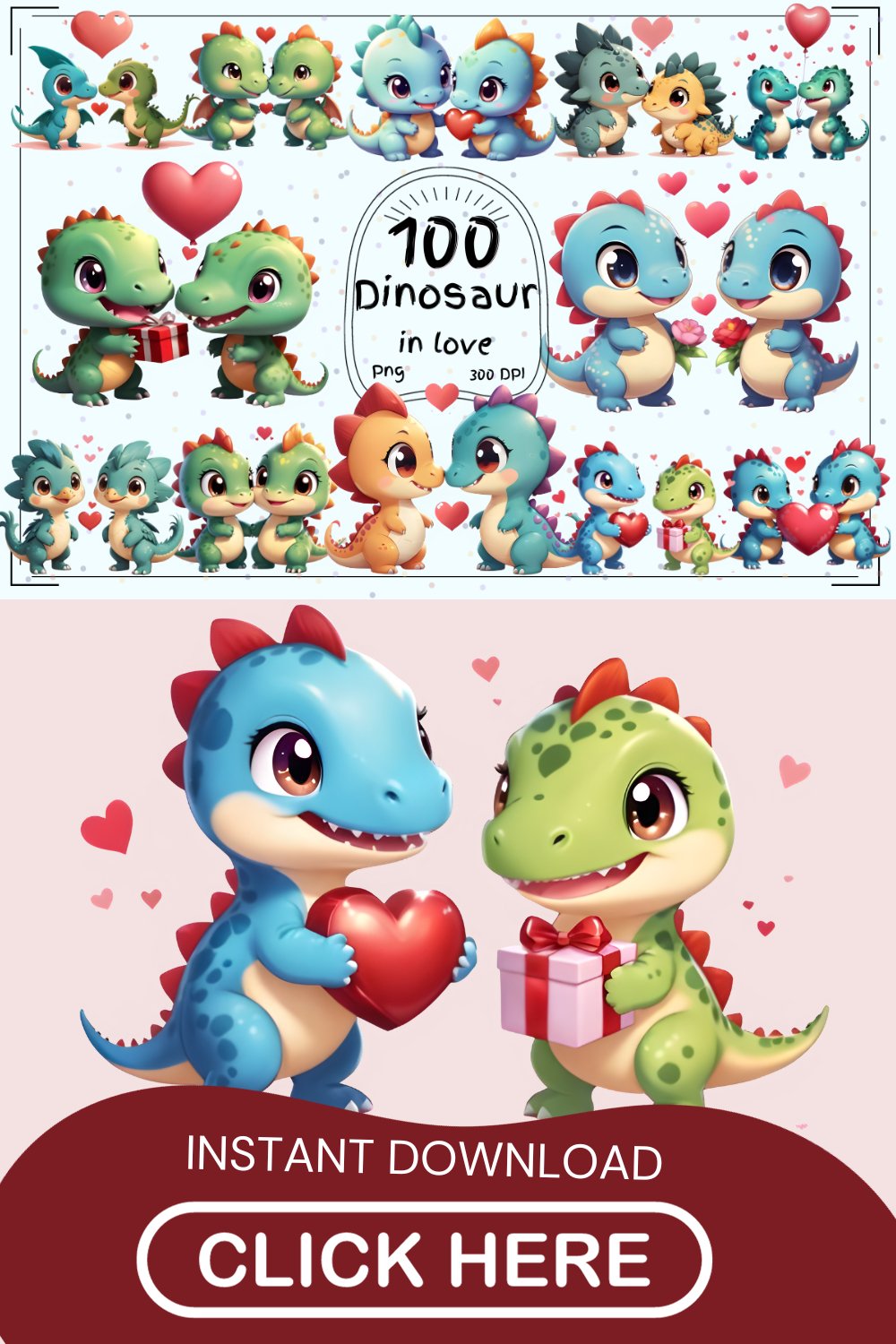 100 Cute Dinosaurs in Love Clipart - Adorable Dino Romance