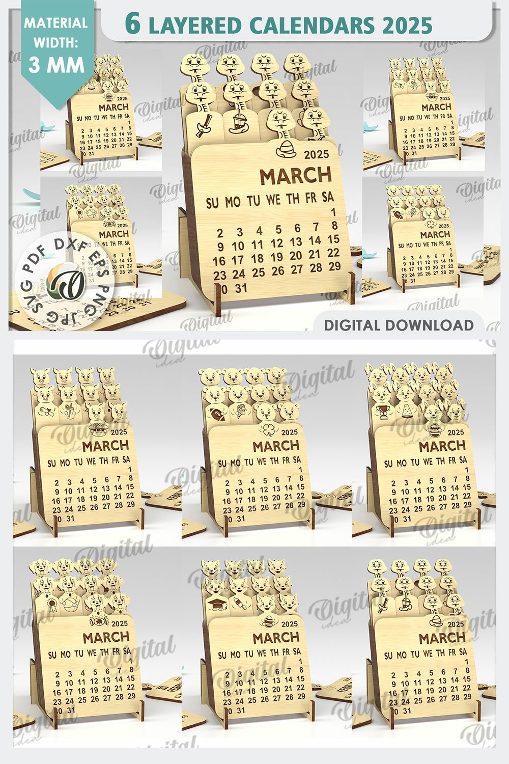 Layered Calendars 2025 Laser Cut Bundle. 3D Calendars SVG