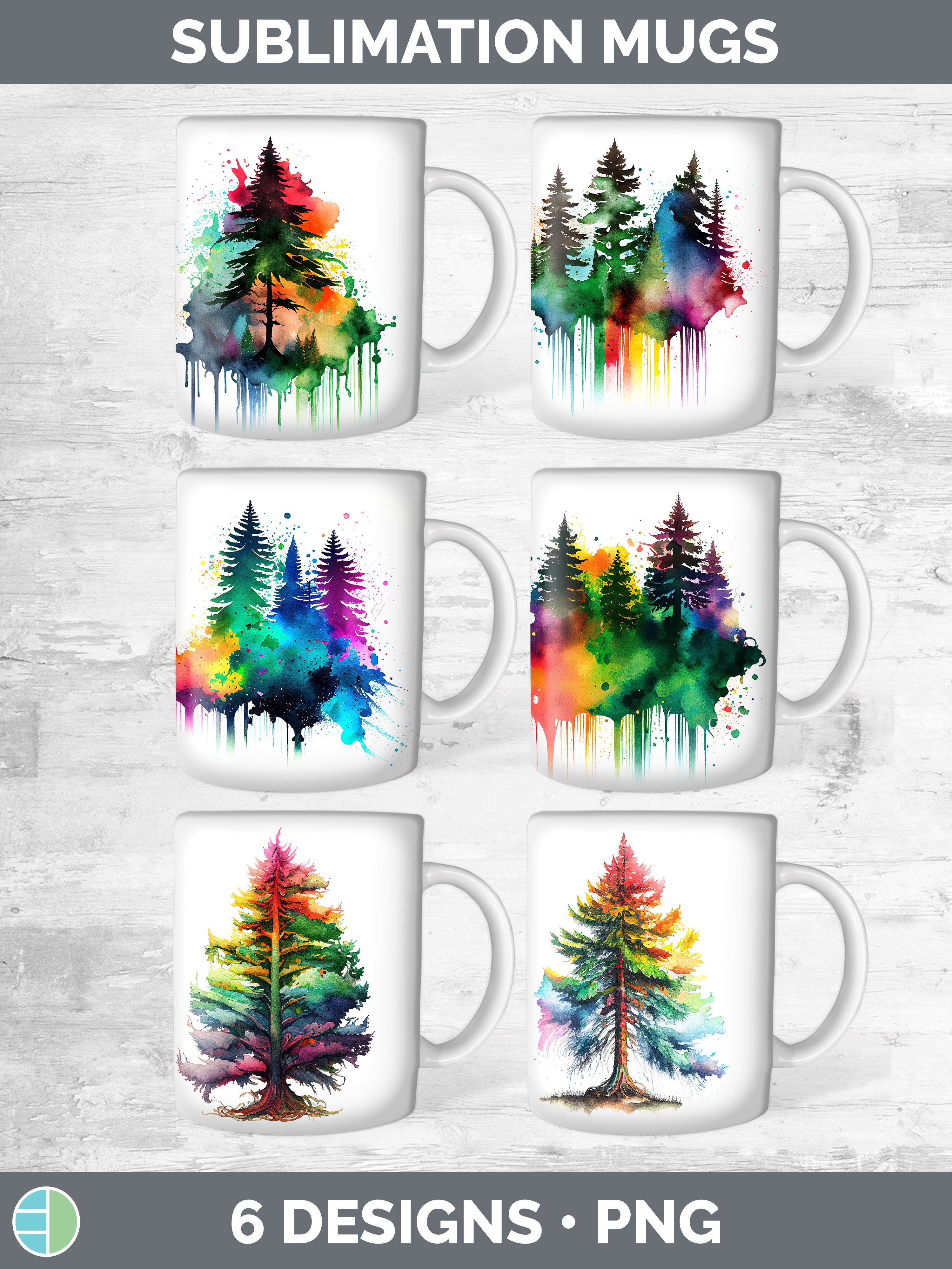 Rainbow Fir Trees Mug Wrap | Sublimation Coffee Cup Designs