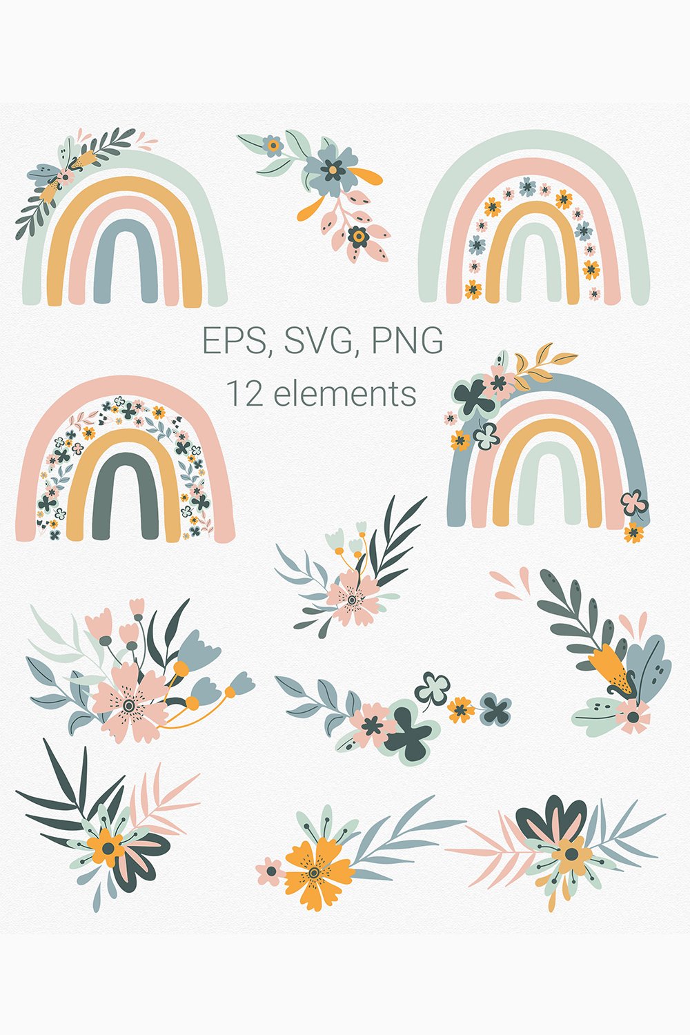 Boho Rainbow and florals clipart set, EPS, SVG, PNG