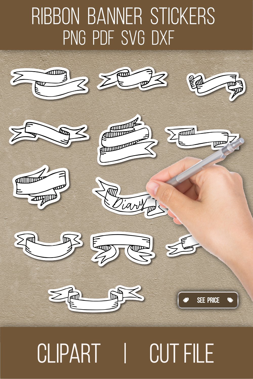 Hand drawn ribbon banner stickers - clipart - cut file