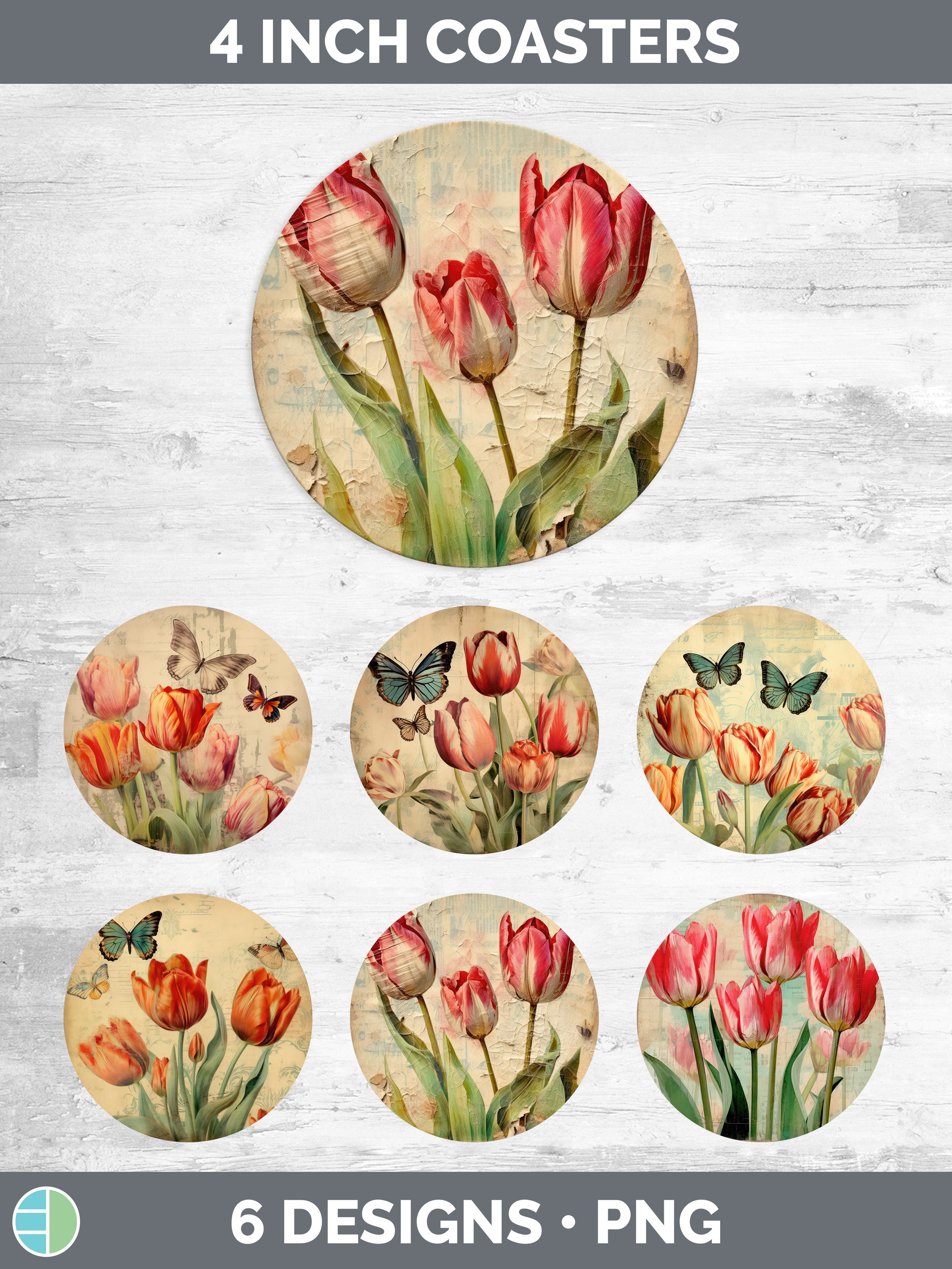 Vintage Tulip Flowers Round Coaster | Sublimation Coaster De