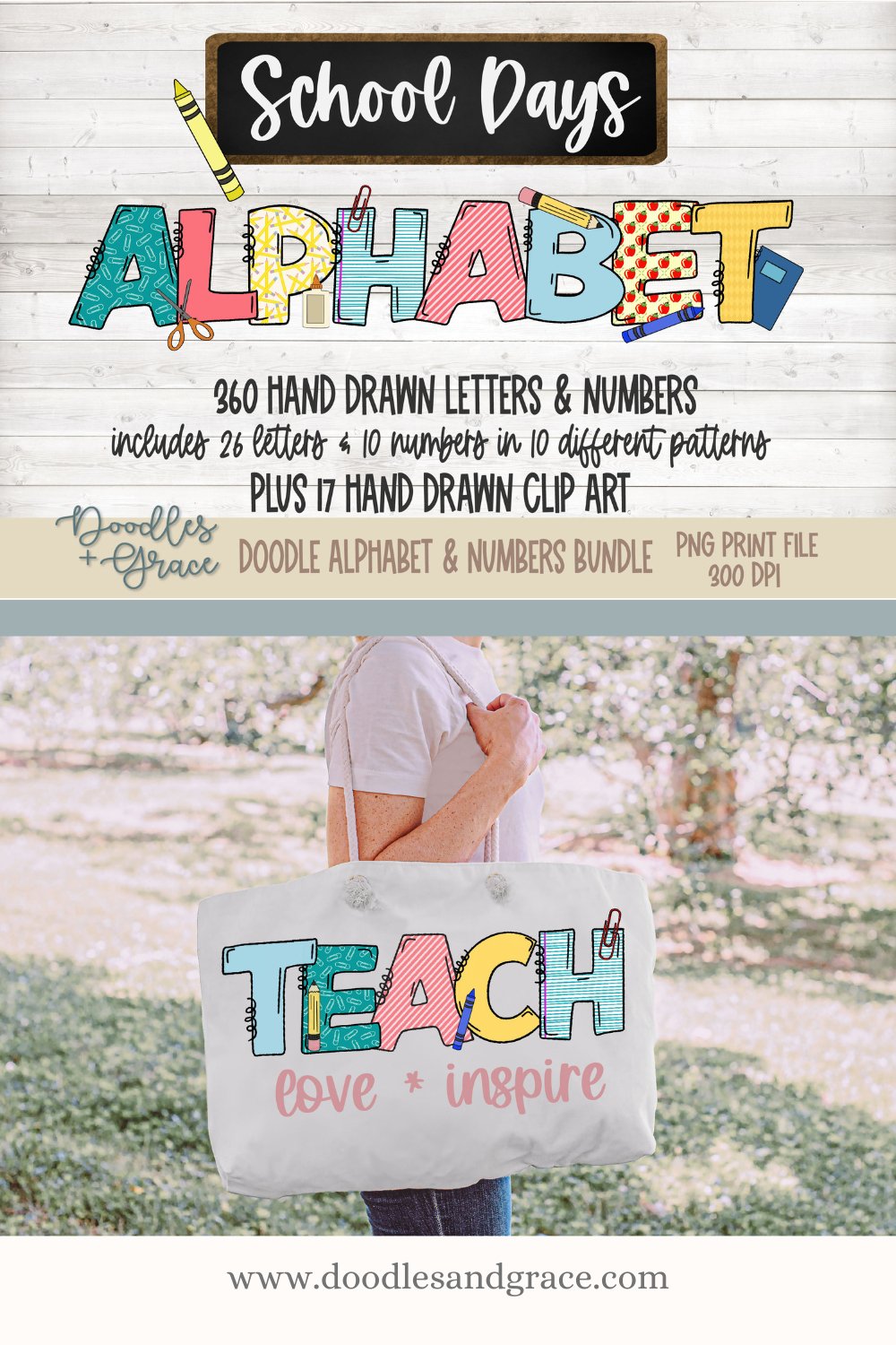 School Doodle PNG Alphabet and Clip Art Bundle