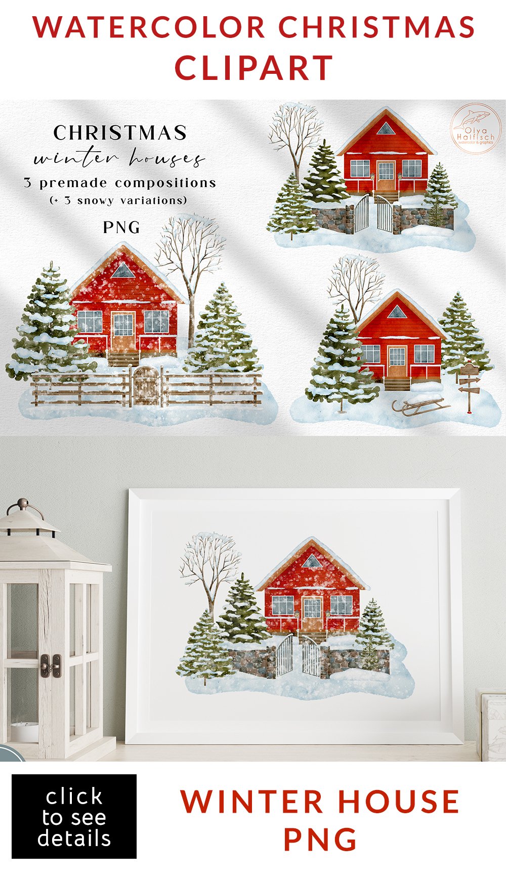 Winter Houses Watercolor Clipart. Christmas Village PNG Set