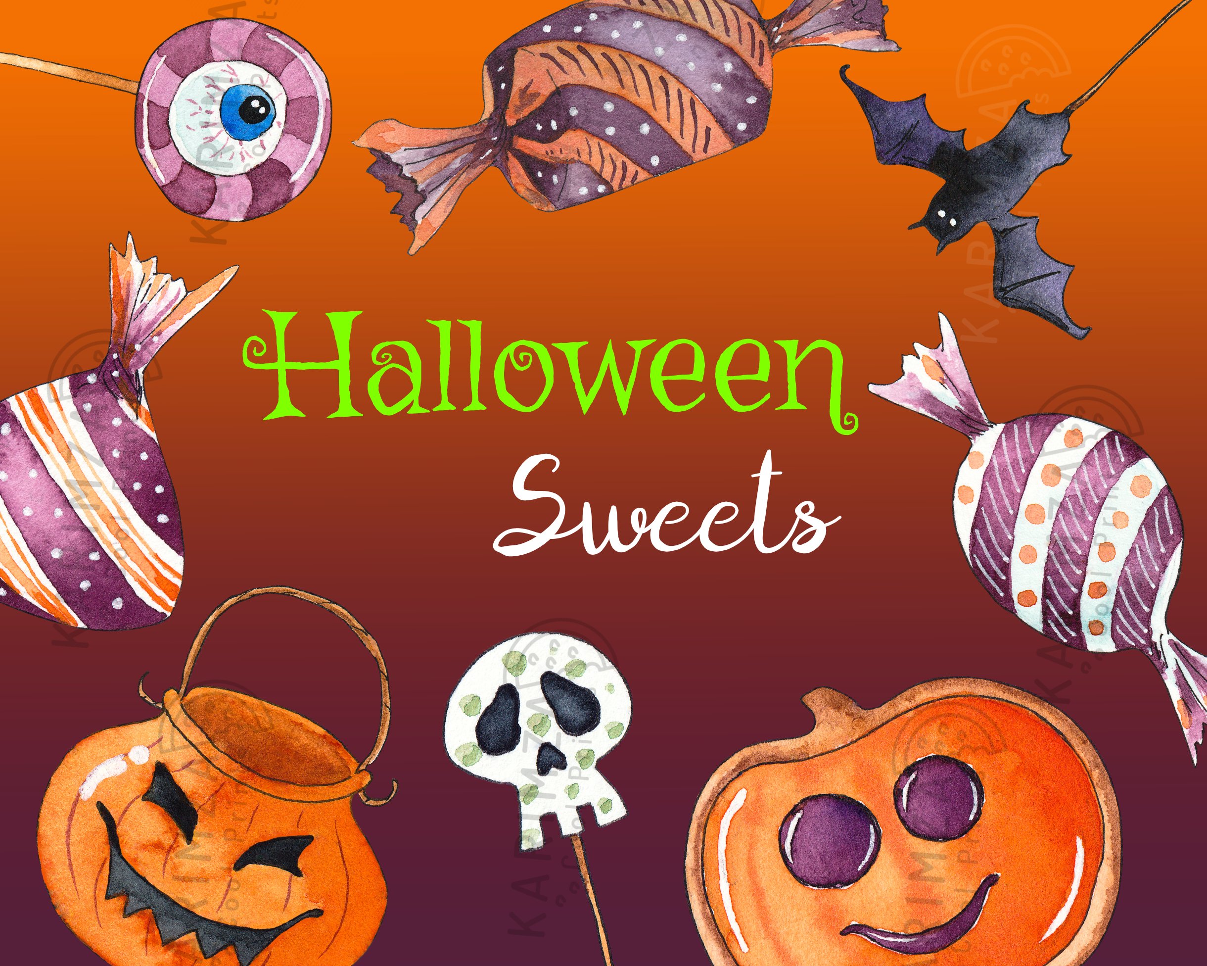Watercolor HALLOWEEN Candy Clipart, Creepy cute PNG Bundle