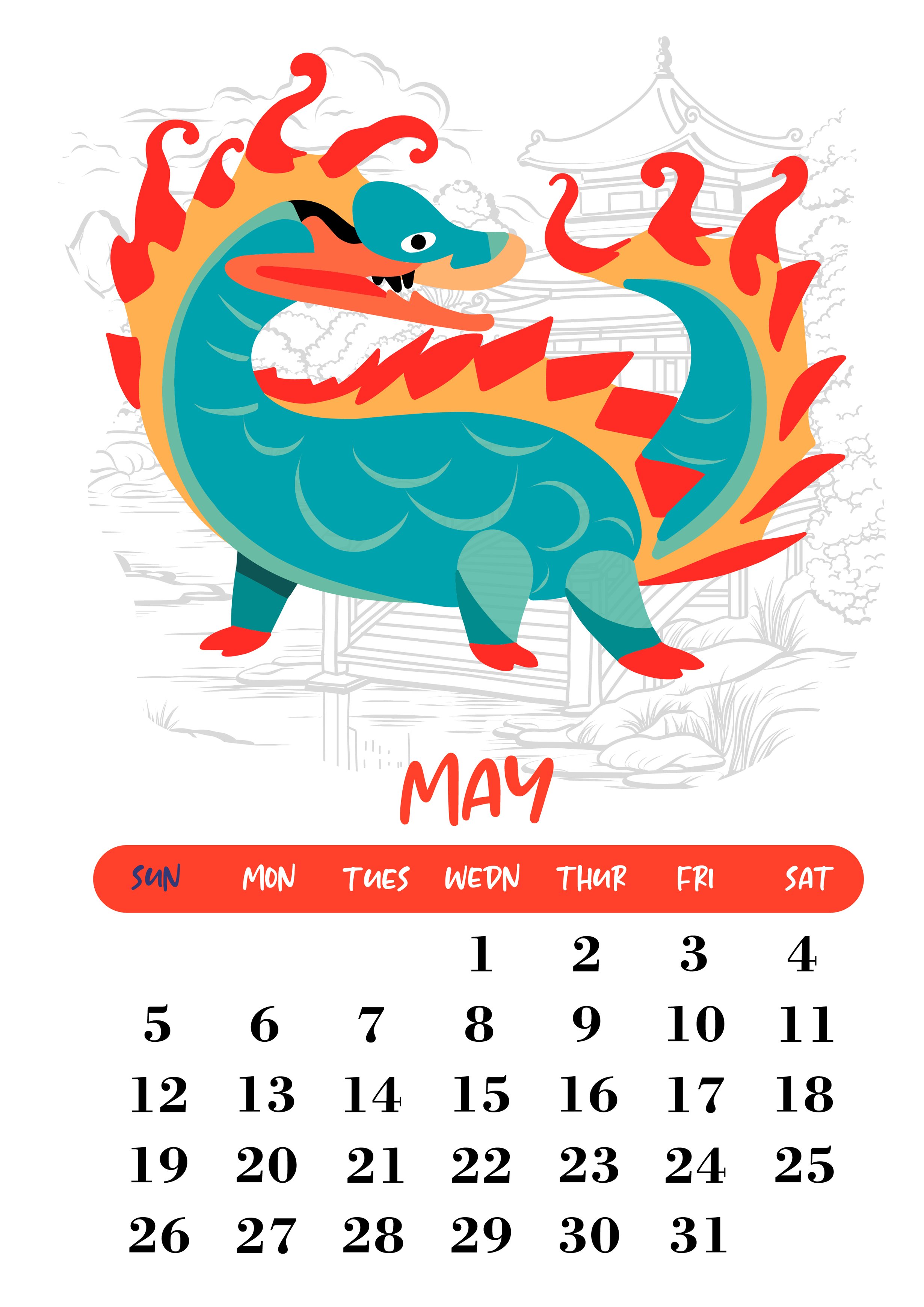 Printable Calendar 2024 Monthly Pages Dragons Year