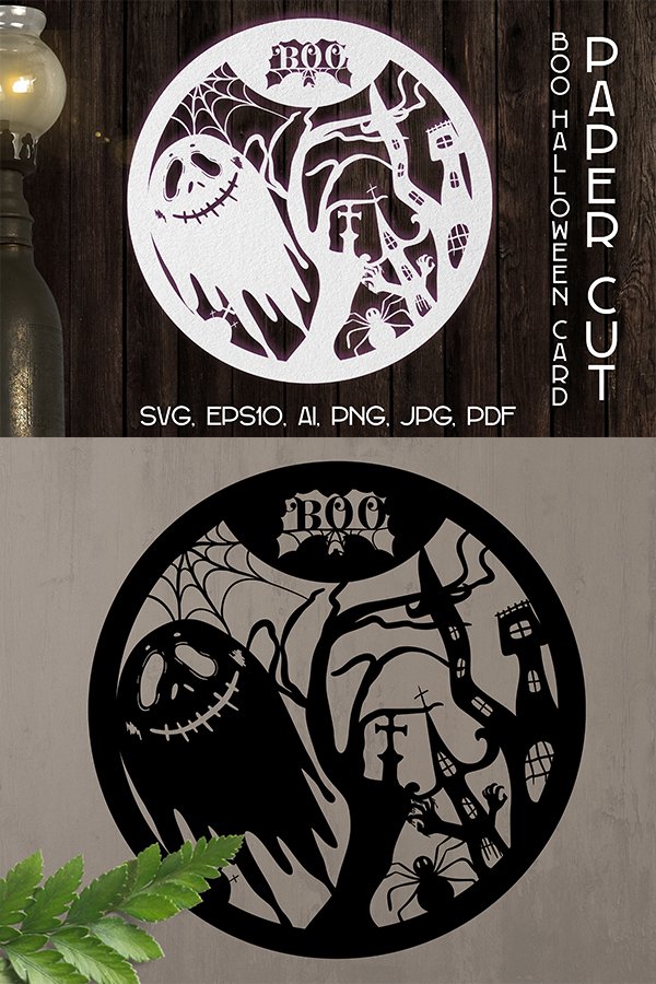 Halloween Boo Paper cut Template | Circle card SVG (1546837)