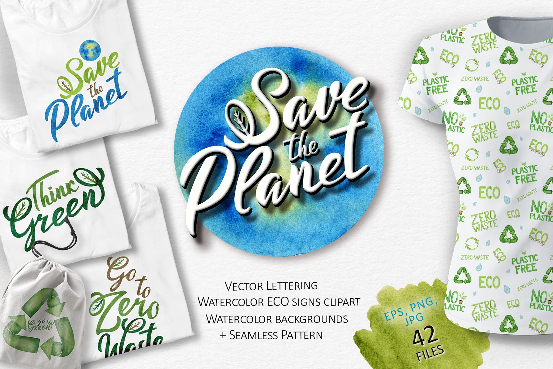 Save the Planet lettering logo, reuse recycled icons signs