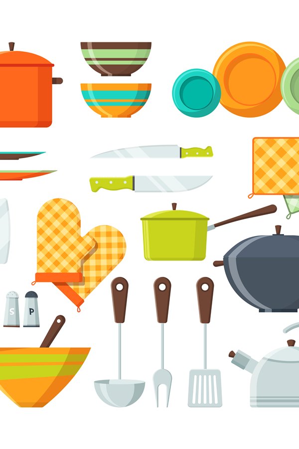 Bowl, fork and other kitchen tools in cartoon style
