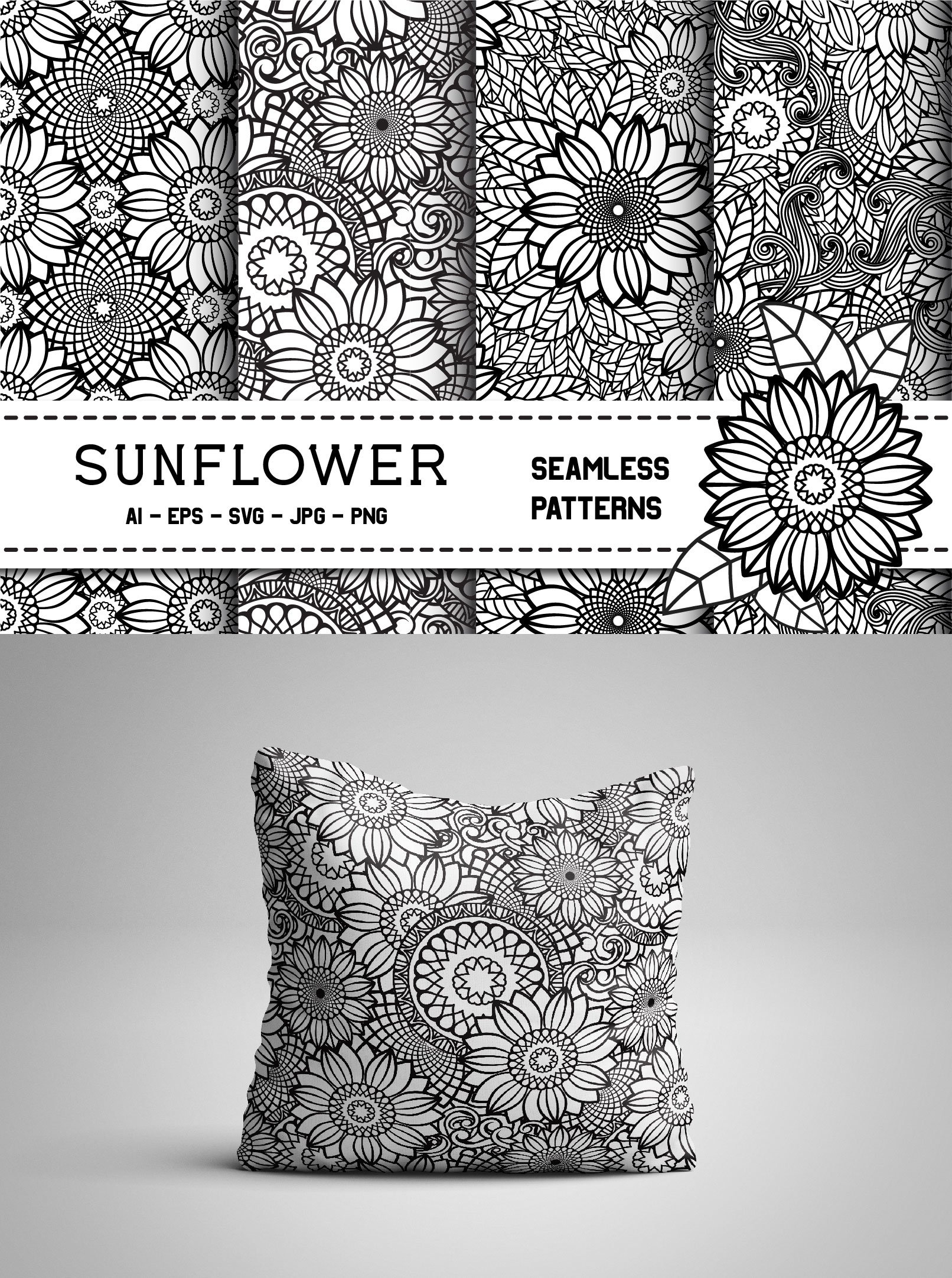 Sunflower Seamless Patterns | Zentangle Flowers | Floral Set
