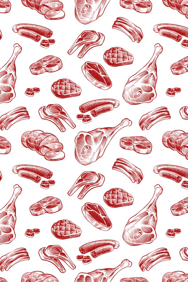 Hand drawn meat, steak, beef and pork, lamb grill sausage se