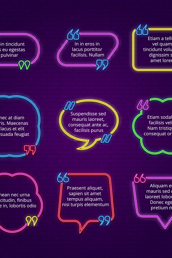 Neon text bubble. Quote frames with commas, text and direct
