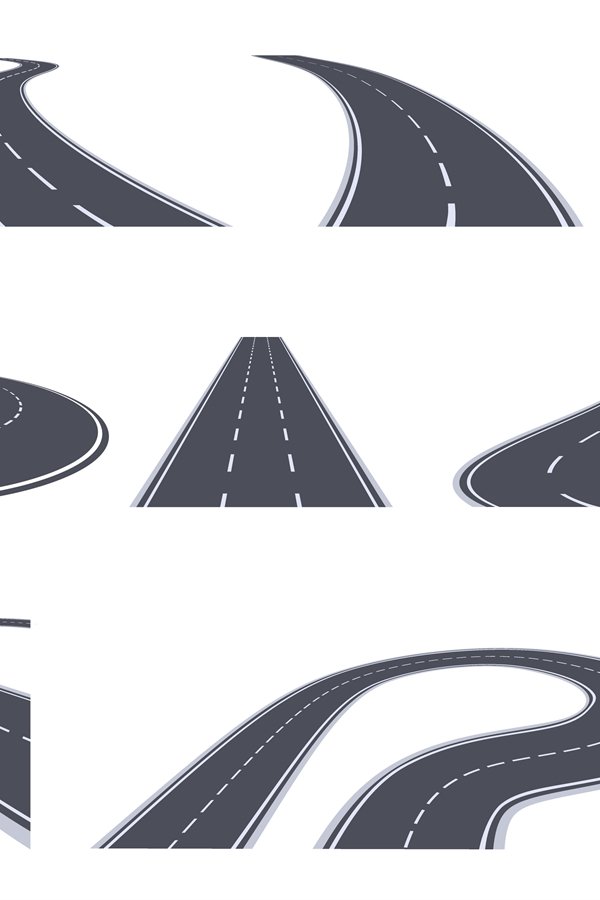 Road perspective view. Curving highway roads, bend asphalt