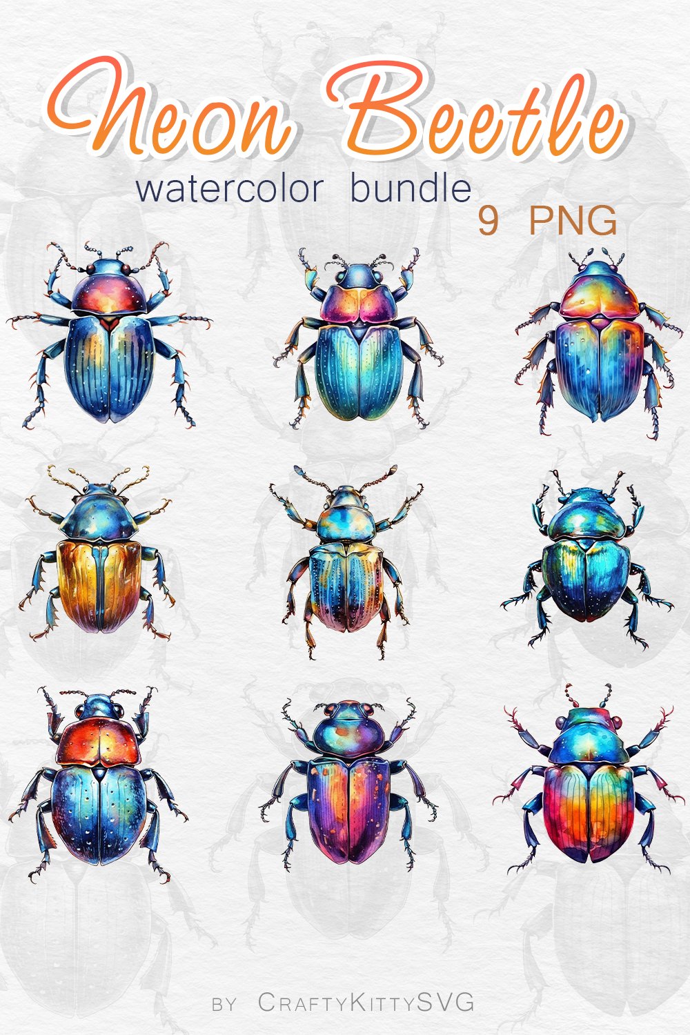 Neon Beetles Bug PNG bundle, Watercolor clipart sublimations