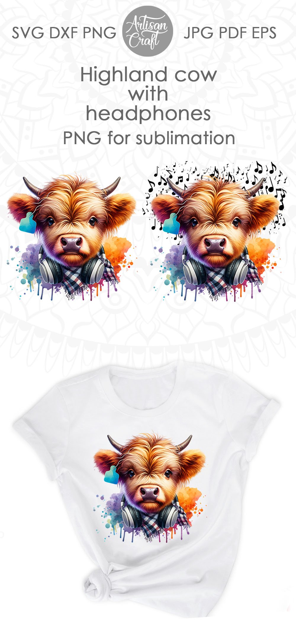 Cute highland cow wearing headphones, plaid scarf, ear tag