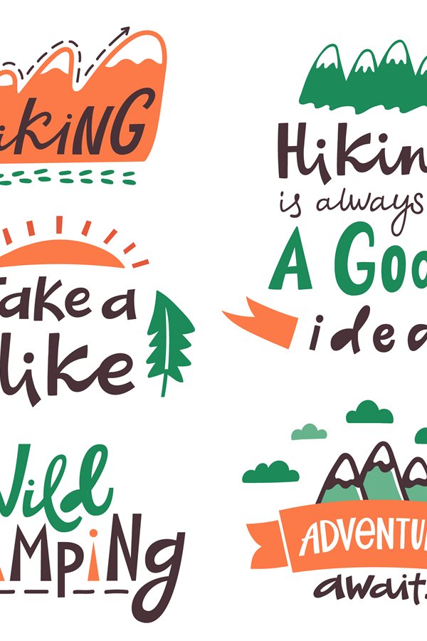 Hiking camp lettering phrases. Camping typography quotes