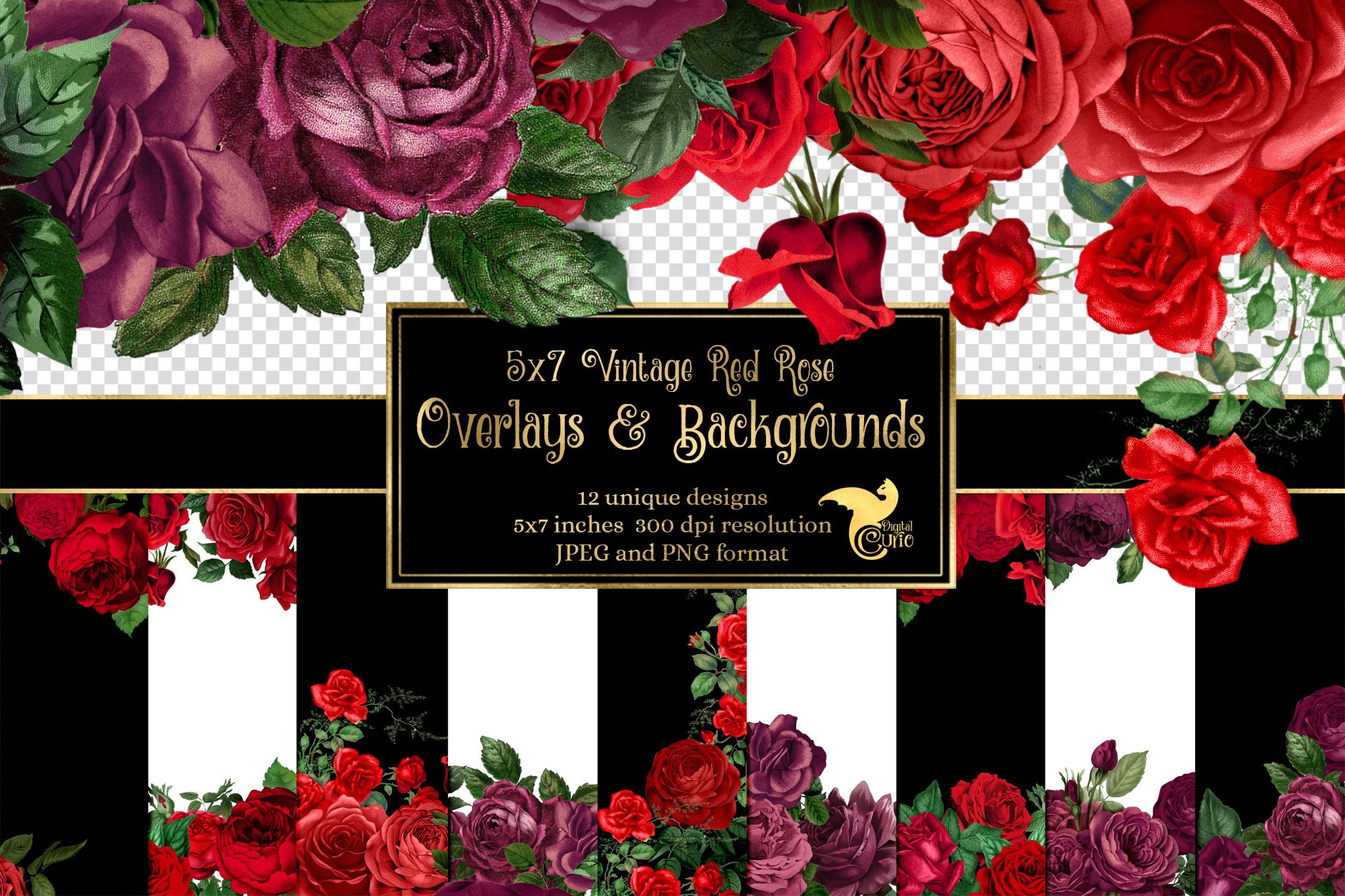5x7 Vintage Red Rose Overlays