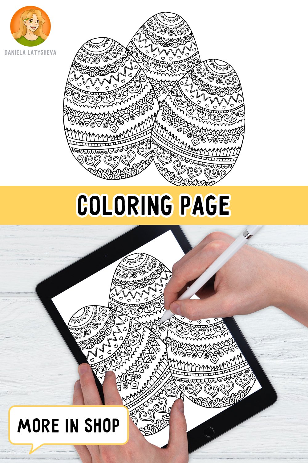 Coloring book page Easter eggs with doodle elements PNG