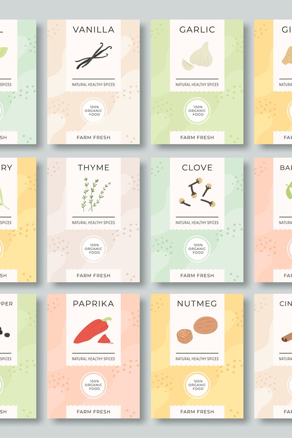 Spices labels. Different aromatic herbs and spices color pac