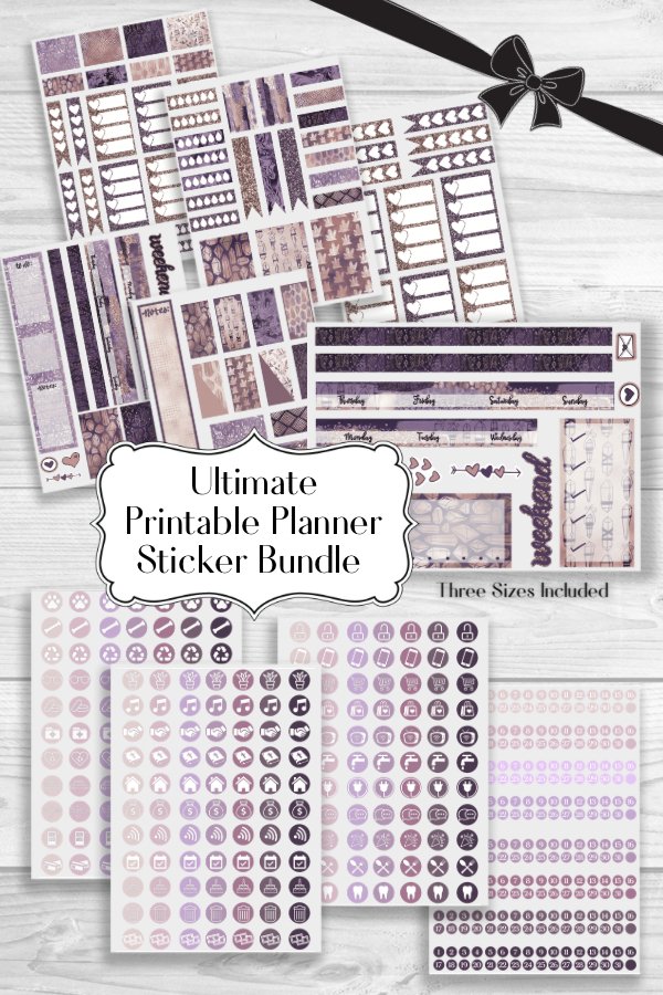 Purple Amethyst Crystal Printable Planner Sticker Kit, Three