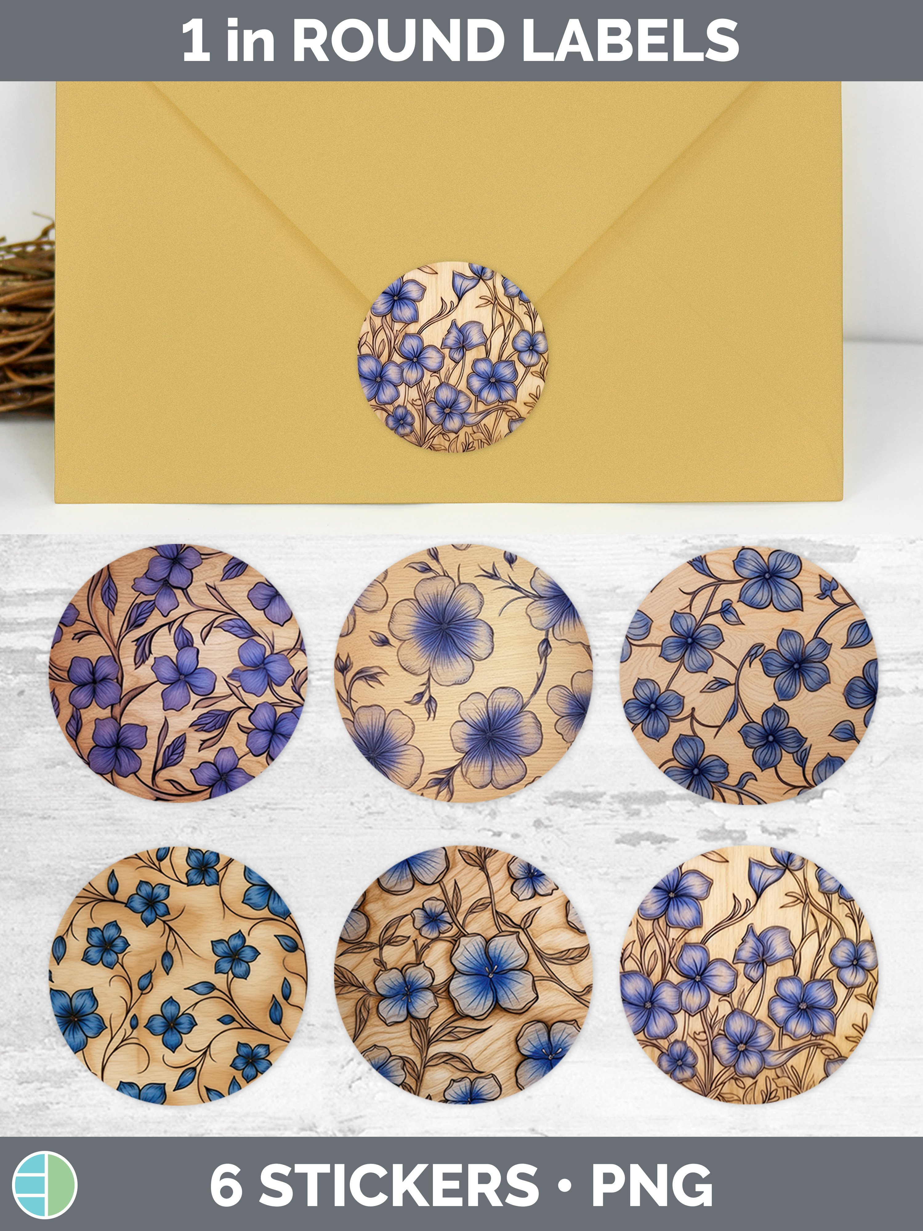Wood Burned Periwinkle Flowers Stickers | Round Labels Desig