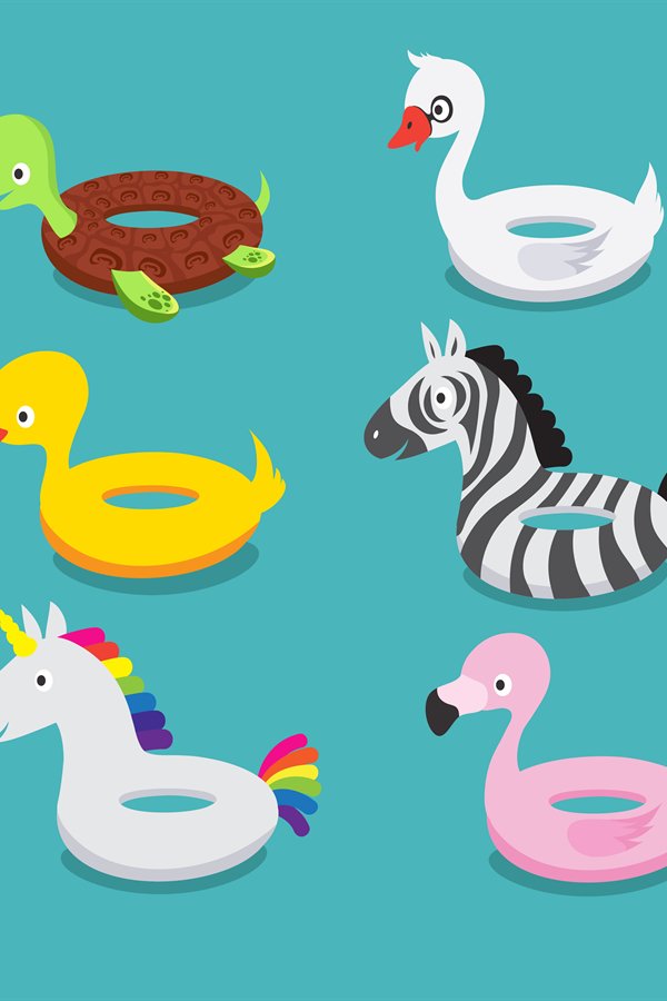 Swimming pool floats, inflatable animals flamingo, duck, uni