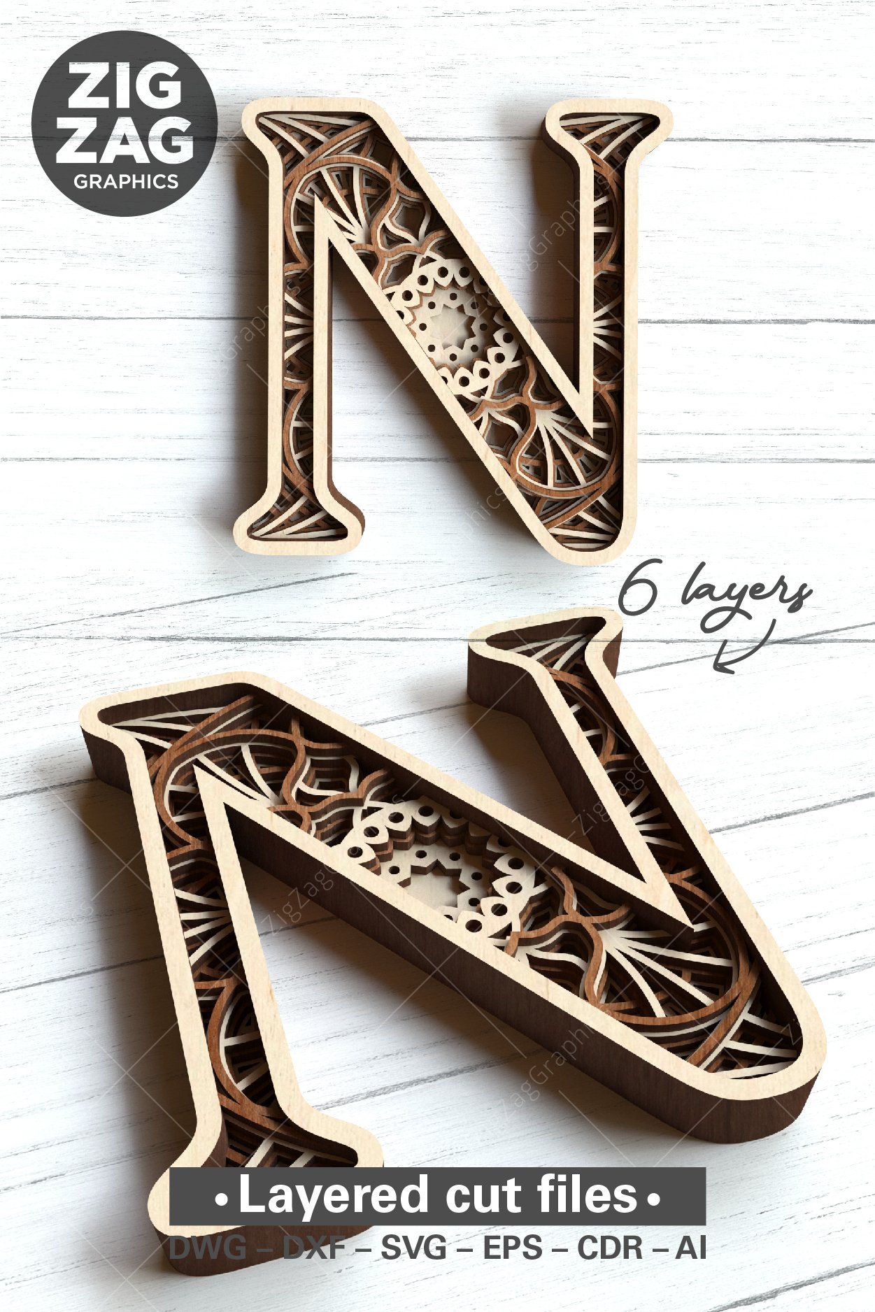 3D Layered mandala letter N svg cut file