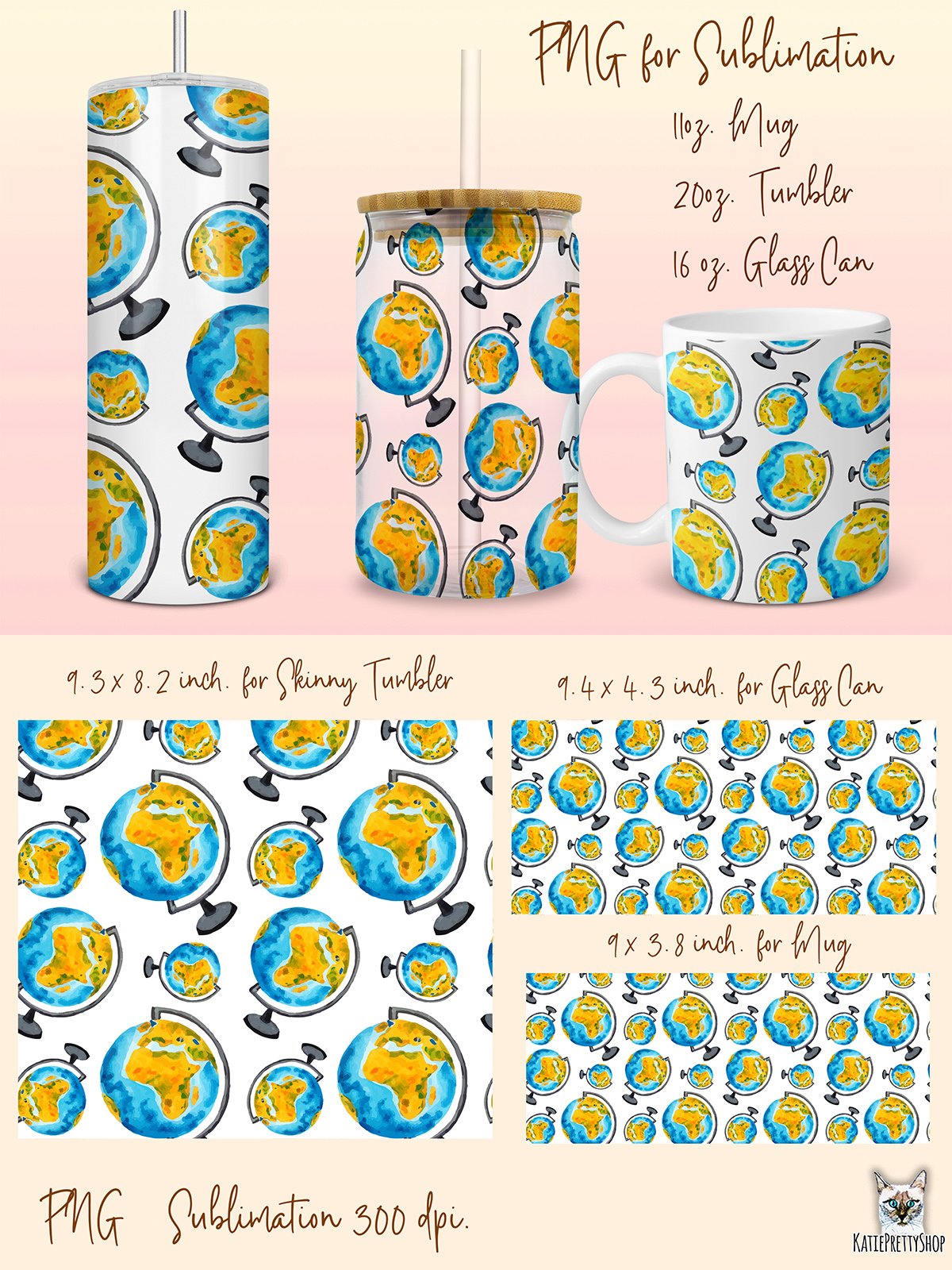 Globe sphere, tumbler, mug, libbey can premium sublimation