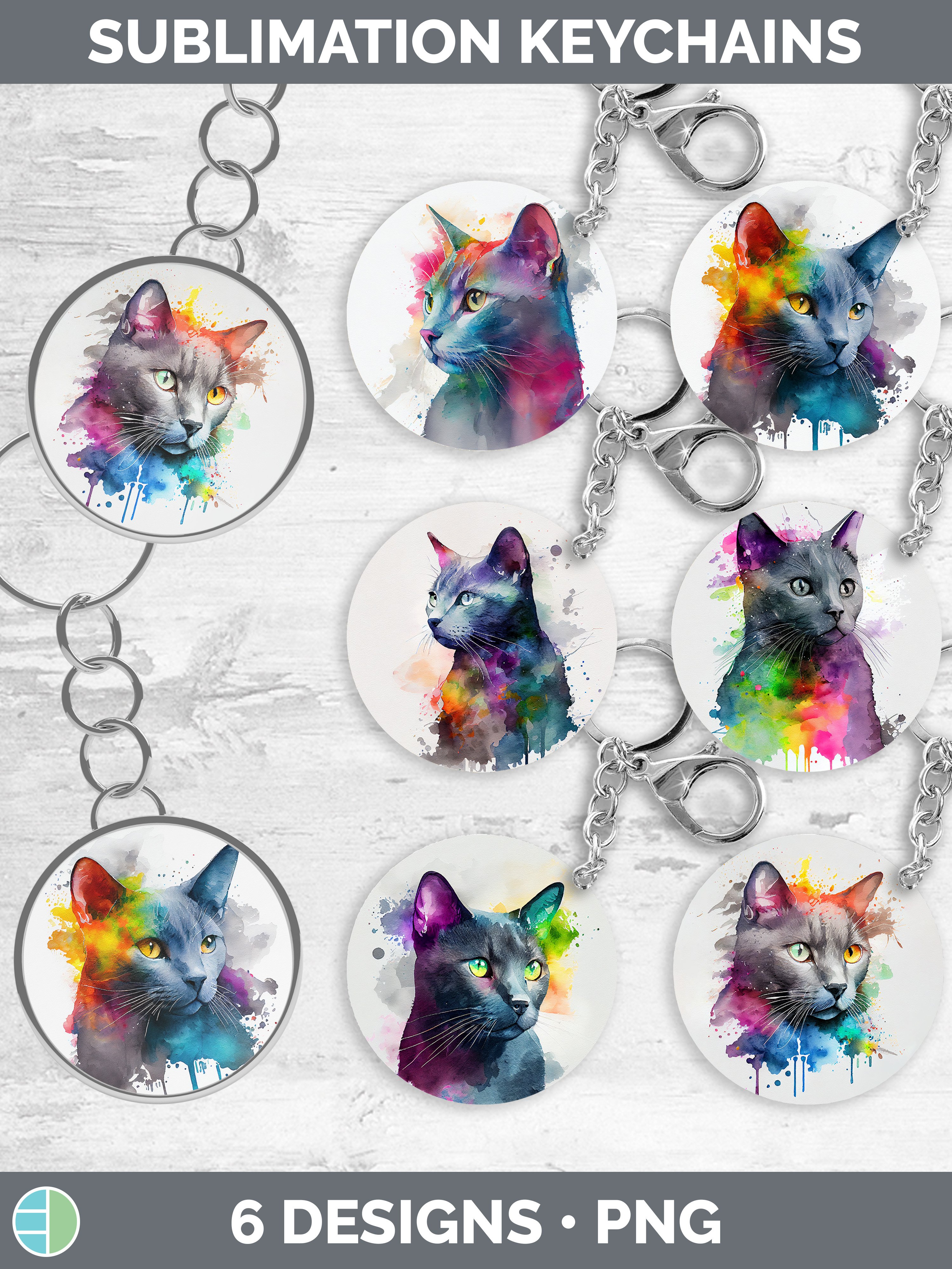 Rainbow Russian Blue Cat Keychain | Sublimation Keyring Desi