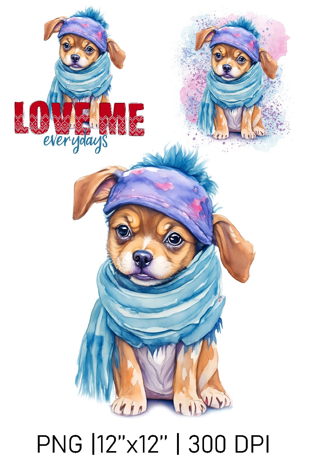 Cute winter dog in hat and scarf sublimation designs PNG