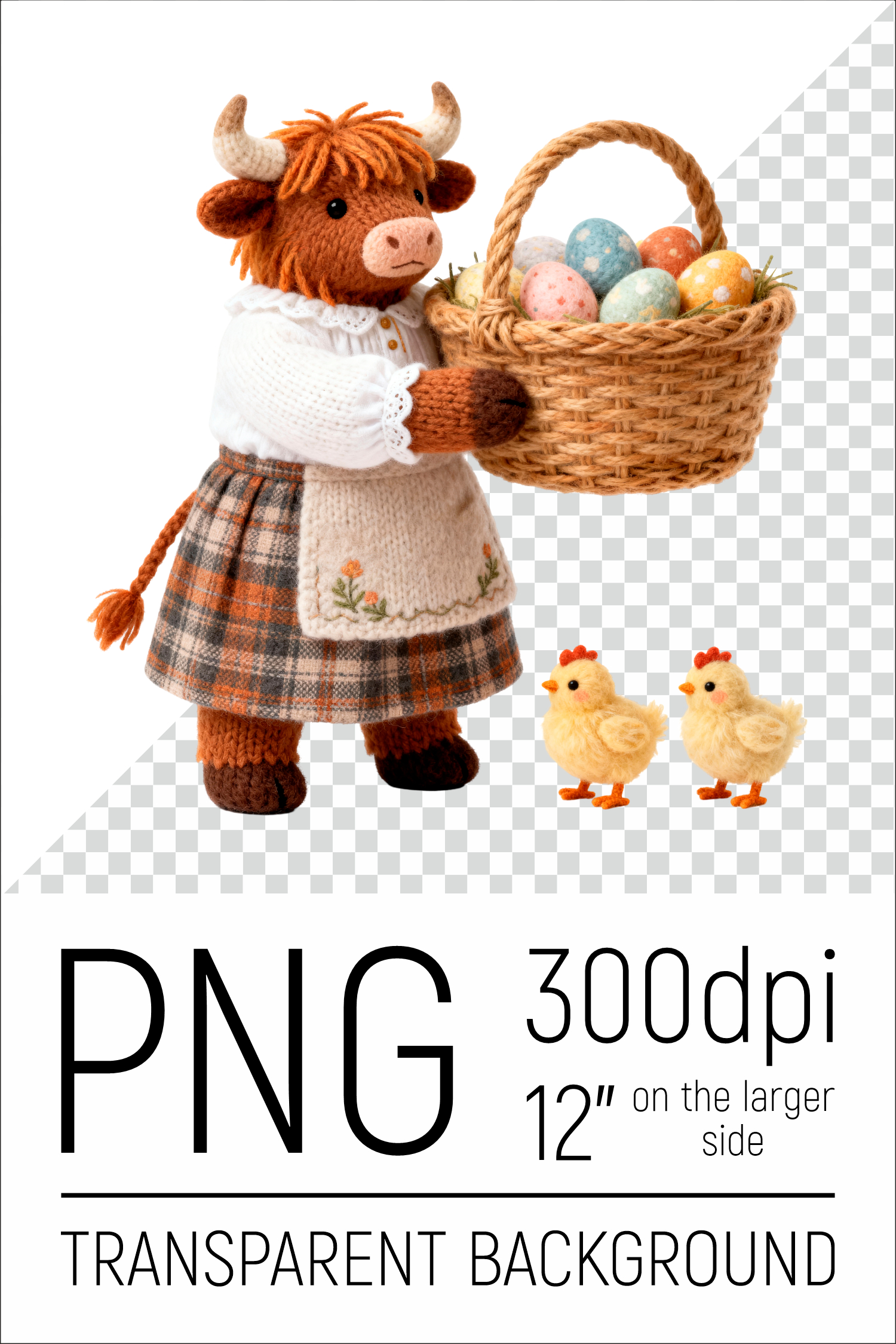 Knitted Cow with Easter Basket and Chicks Clipart
