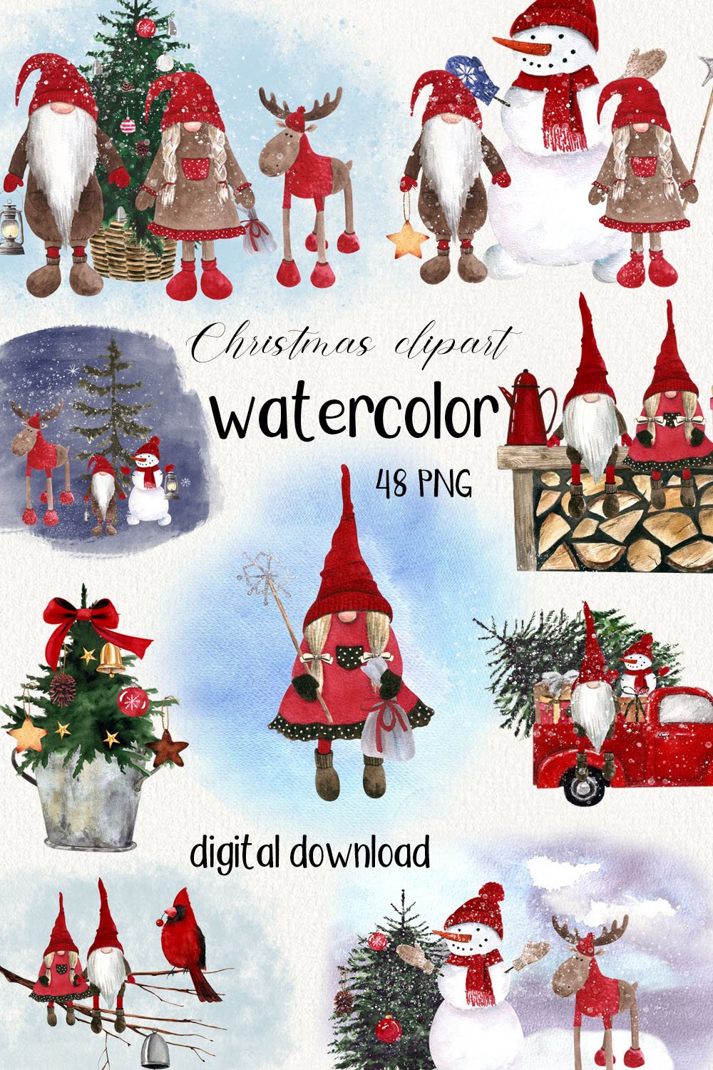 Watercolor Christmas clipart,gnome Christmas.Snowman clipart