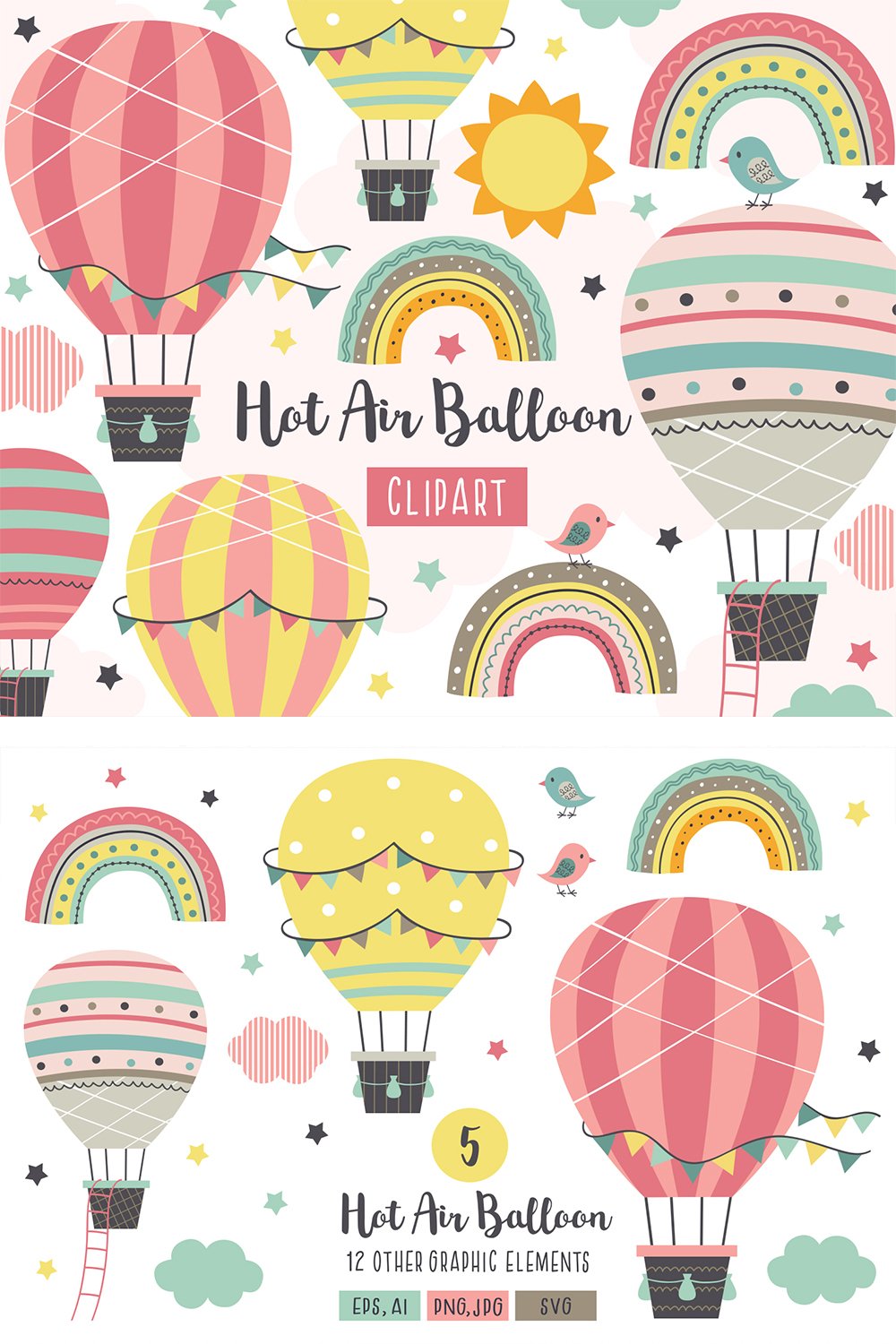 Hot air balloon svg, Rainbow svg, Balloon clipart, Clouds