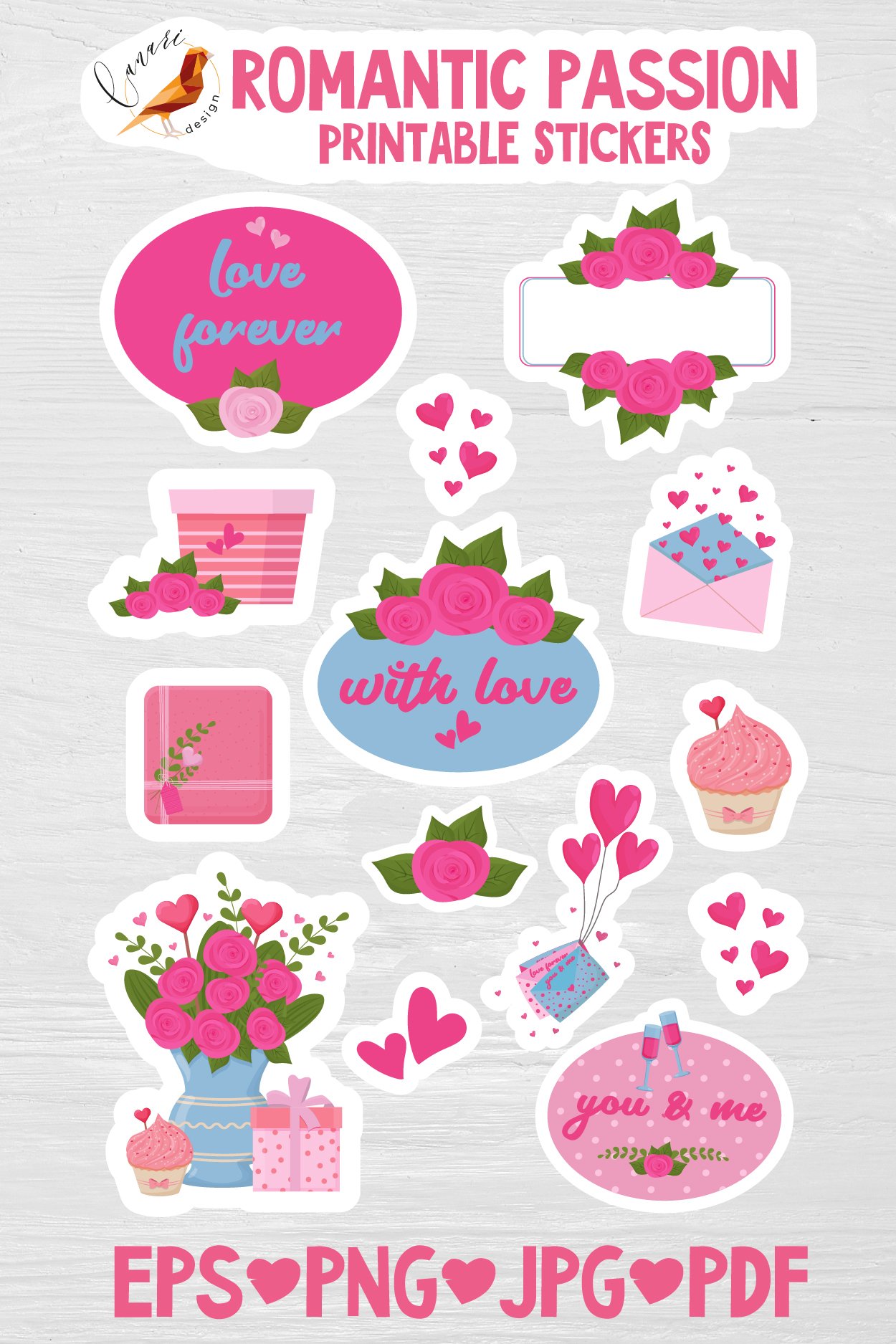 Romantic Passion Valentine printable stickers bundle Png Pdf