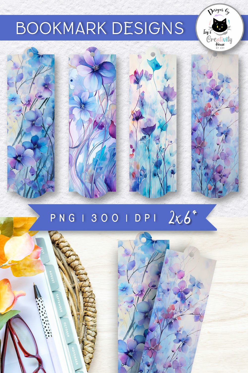 Watercolor Blue Flowers Bookmarks | Floral Bookmark Designs