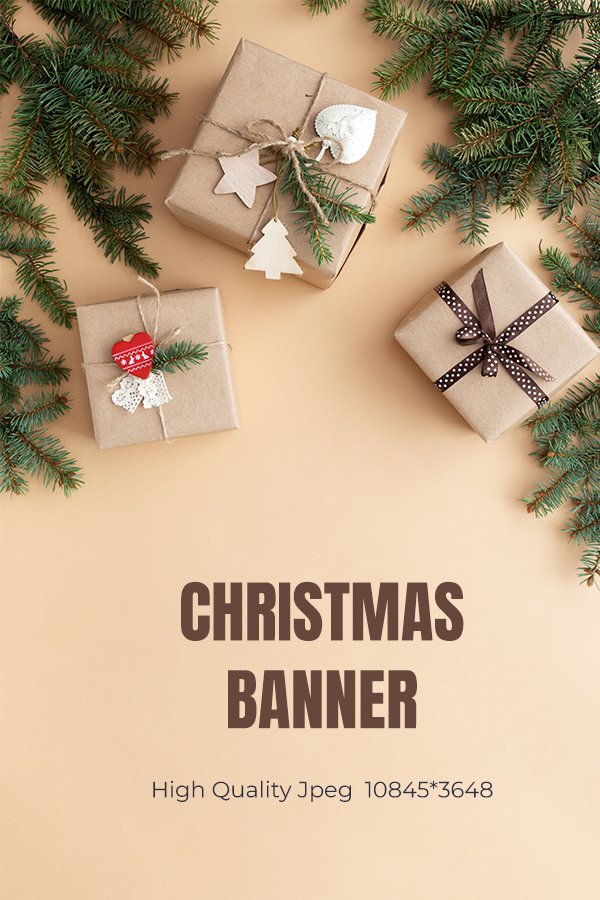 Christmas banner with gifts in kraft paper