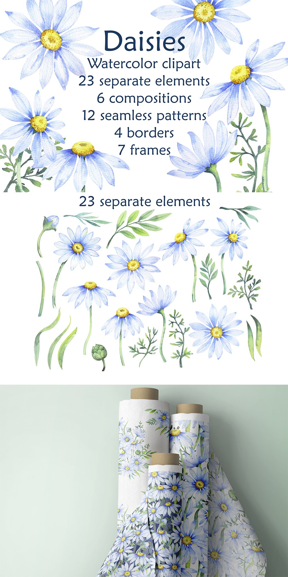 Delicate daisies, set of watercolor illustrations