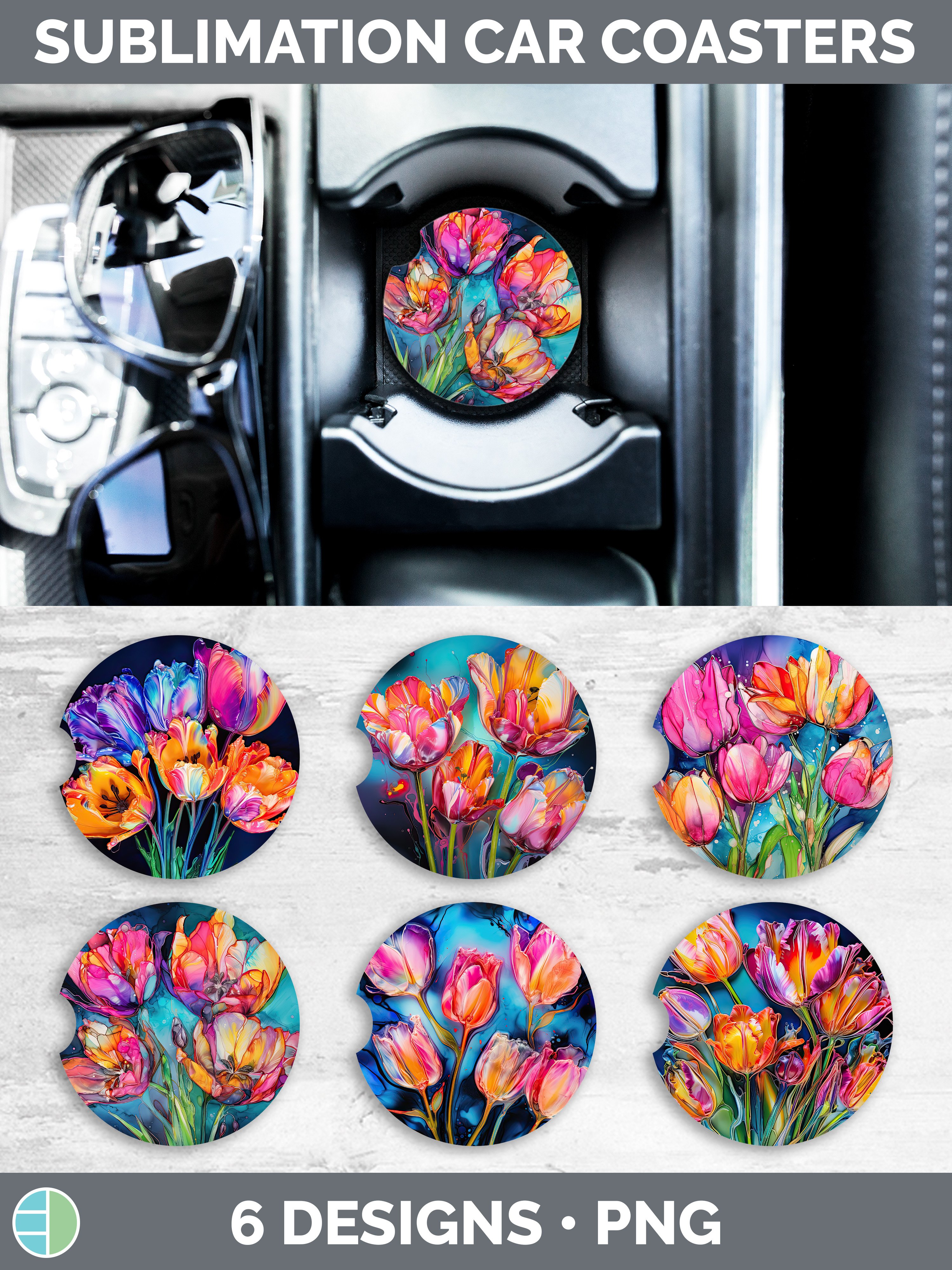 Neon Tulip Flowers Car Coaster | Bundle Coaster Designs