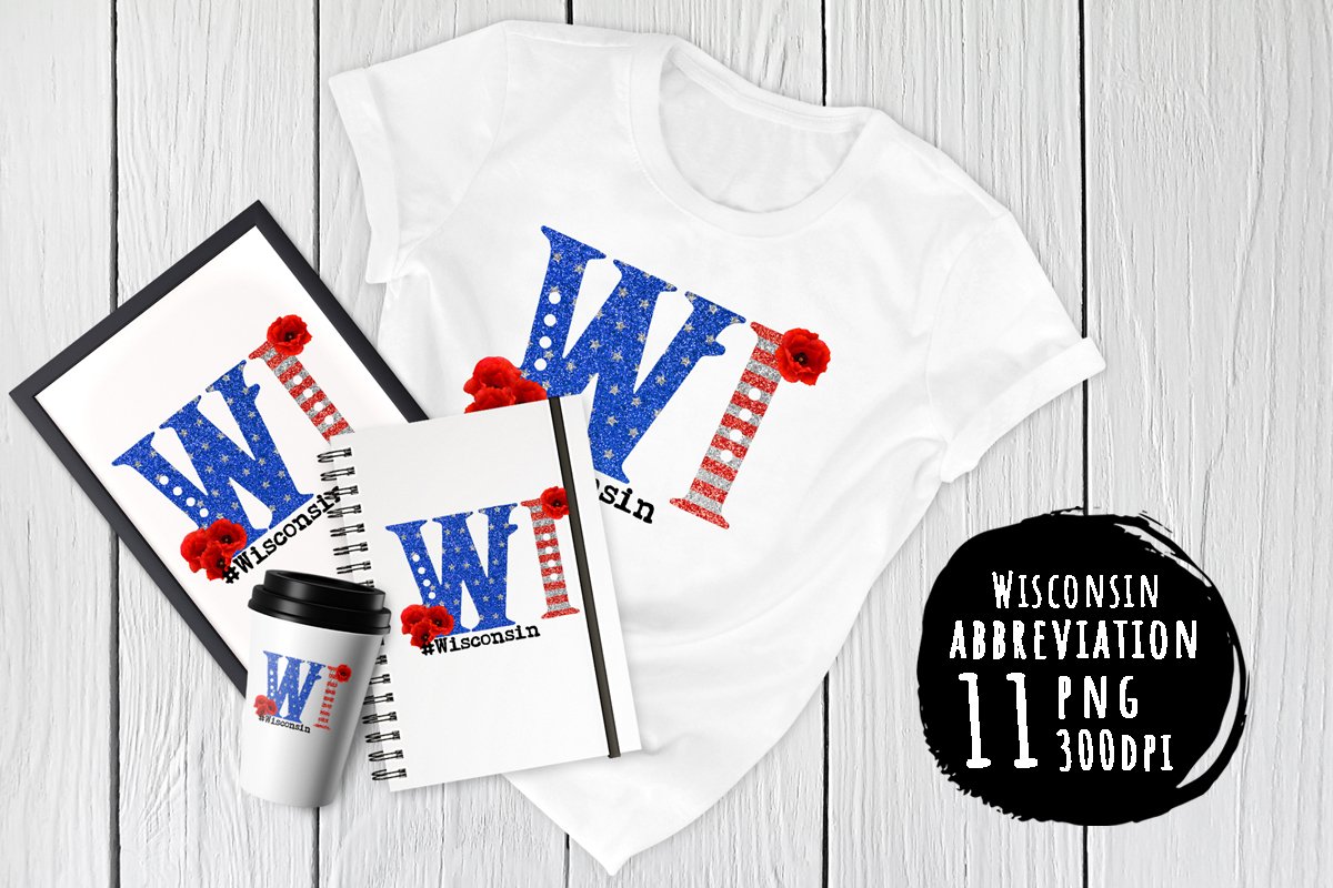 State abbreviation. USA sublimation. Wisconsin